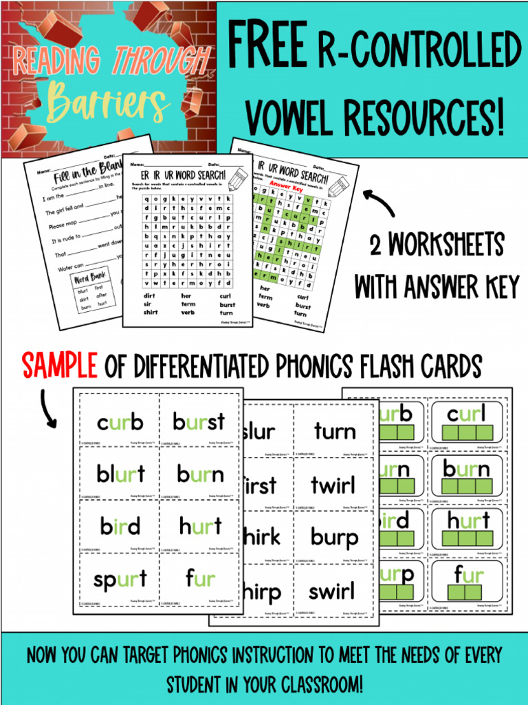 RControlledVowelsERIRURPhonicsFlashCardsFunPracticeWorksheets 1 | PDF