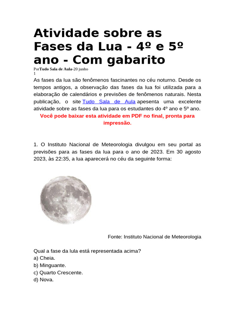 Atividade Fases da Lua - 4º e 5º Ano | PDF | Eclipse | Satélite natural