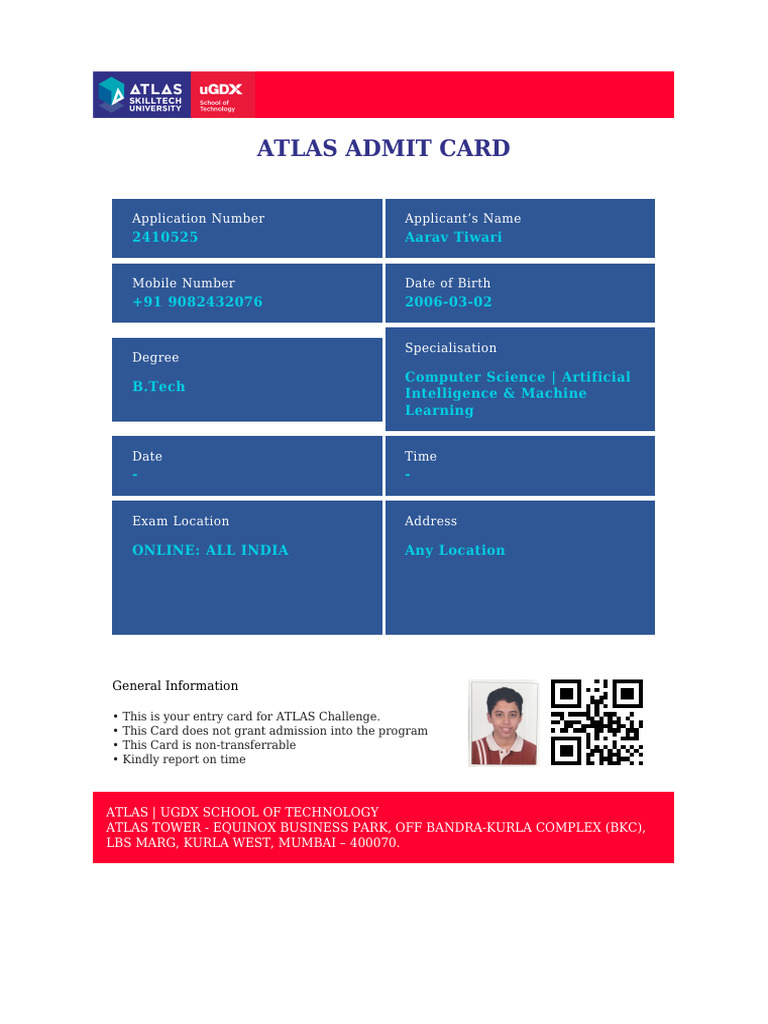 Atlas Admit Card: 2410525 Aarav Tiwari | PDF