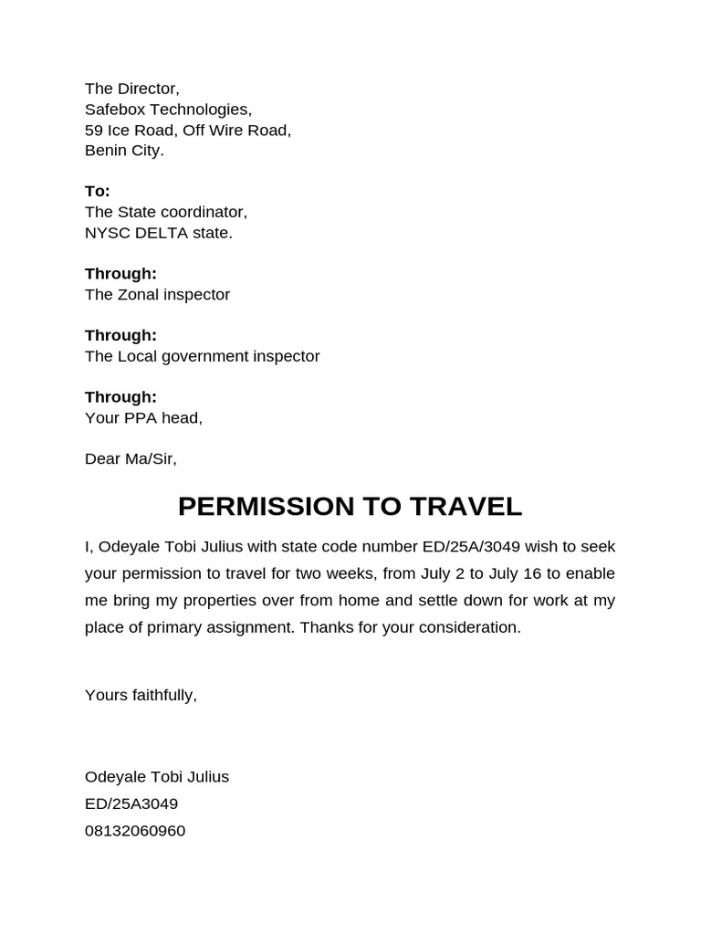 Permission To Travel Letter | PDF
