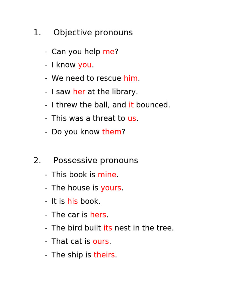 Objective and Possessive Pronouns | PDF