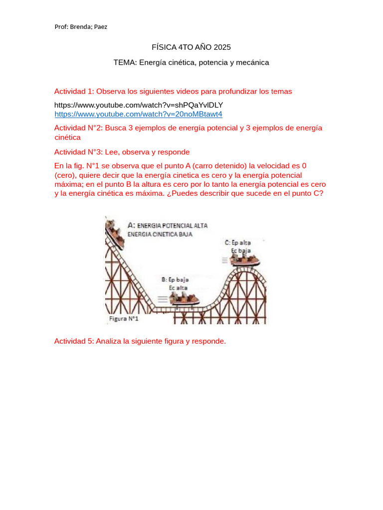 Actividad Energia Cinética, Potencial y Mecánica 4to Año | PDF