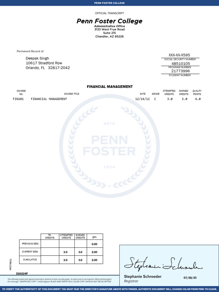Penn Foster College Transcript of Deepak (Danny) Singh July 29, 2025 ...