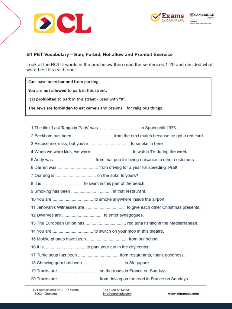 B1 Pet - Vocabulary Ban, Forbid, Not Allow and Prohibit | PDF