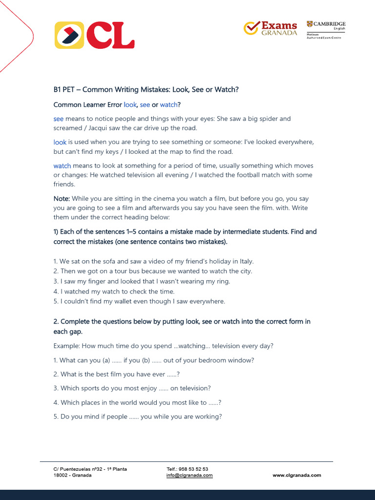 B1 Writing - Common Mistakes Look, See, Watch | PDF