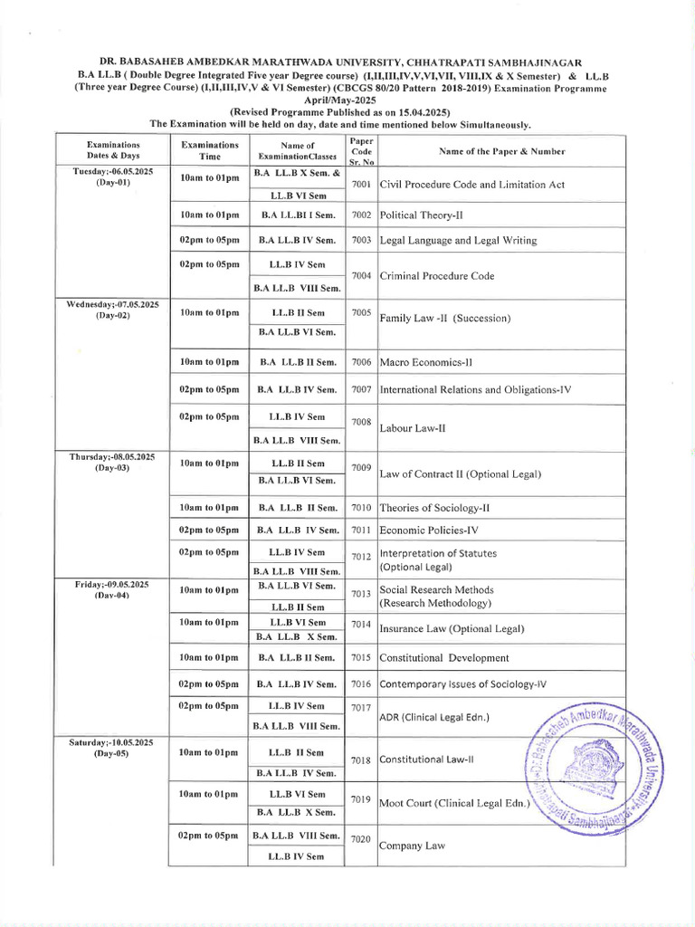 LL.B Time Table April-2025 | PDF