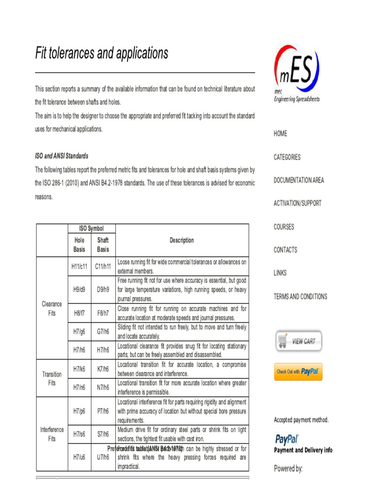 Fit Tolerances and Applications - Mec Engineering Spreadsheets | PDF