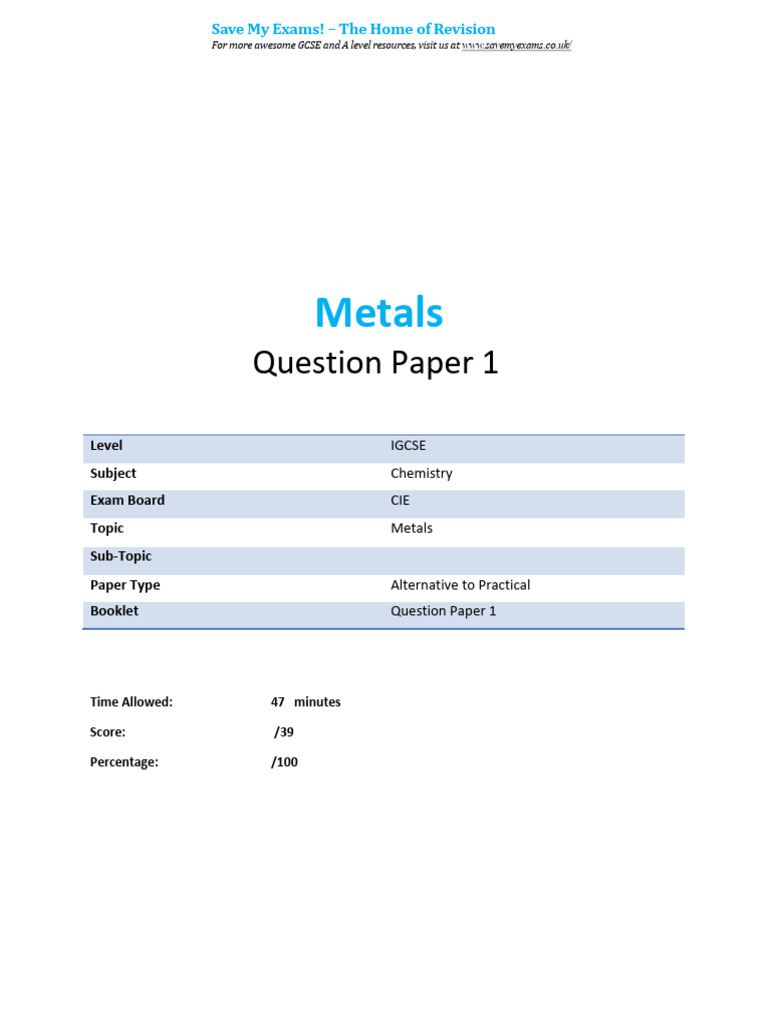 15.1 Metals CIE IGCSE Chemistry Practical QP | PDF | Oxide | Copper