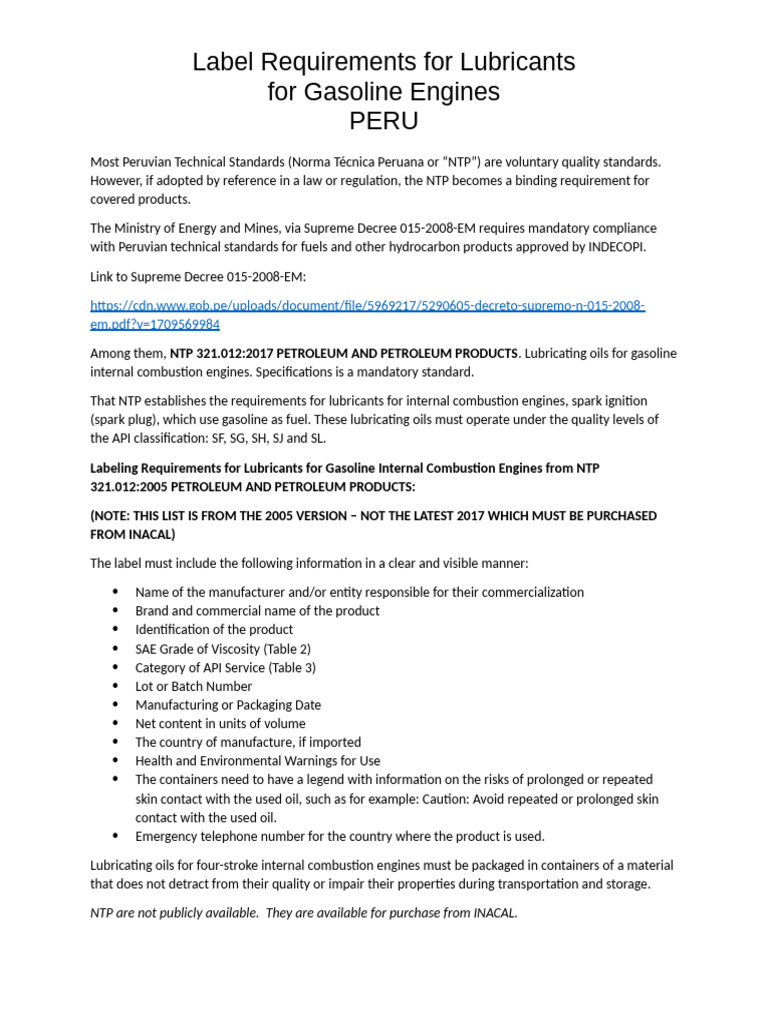 Label Requirements For Lubricants For Gasoline Engines PERU | PDF ...