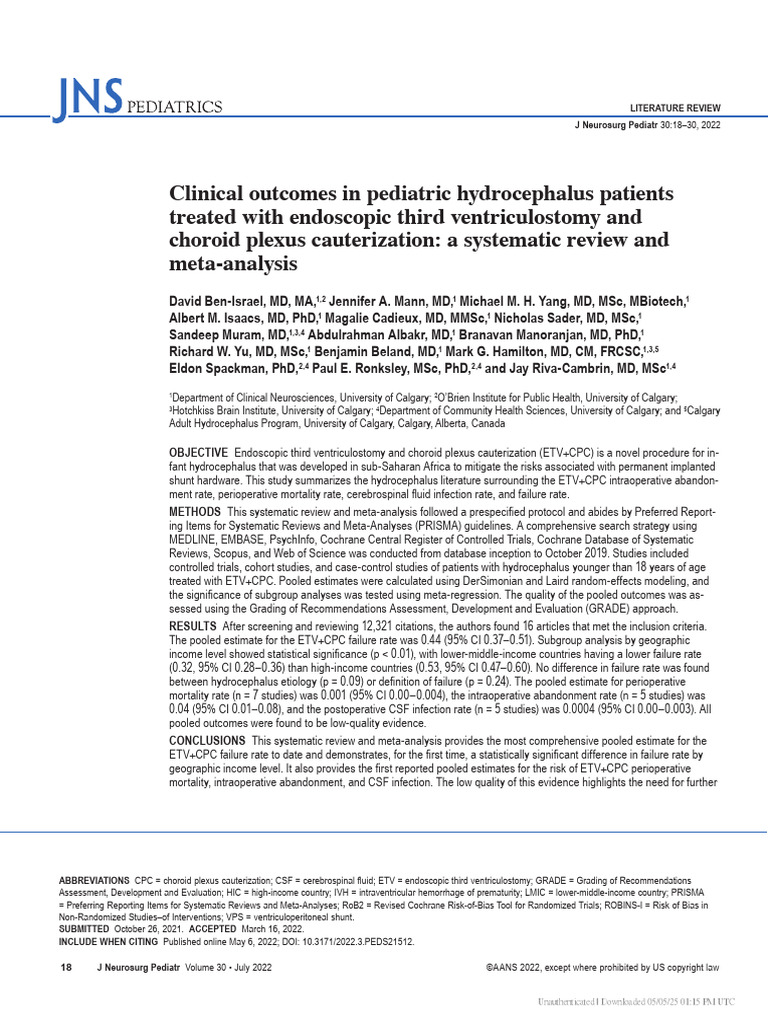 Pediatric Hydrocephalus ETV+CPC Outcomes | PDF | Systematic Review ...