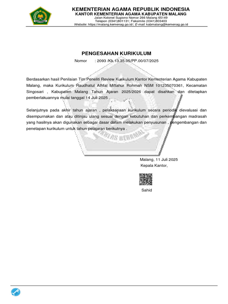 2093 - 7 - Surat Pengesahan Kurikulum RA Miftahur Rohmah Singosari | PDF