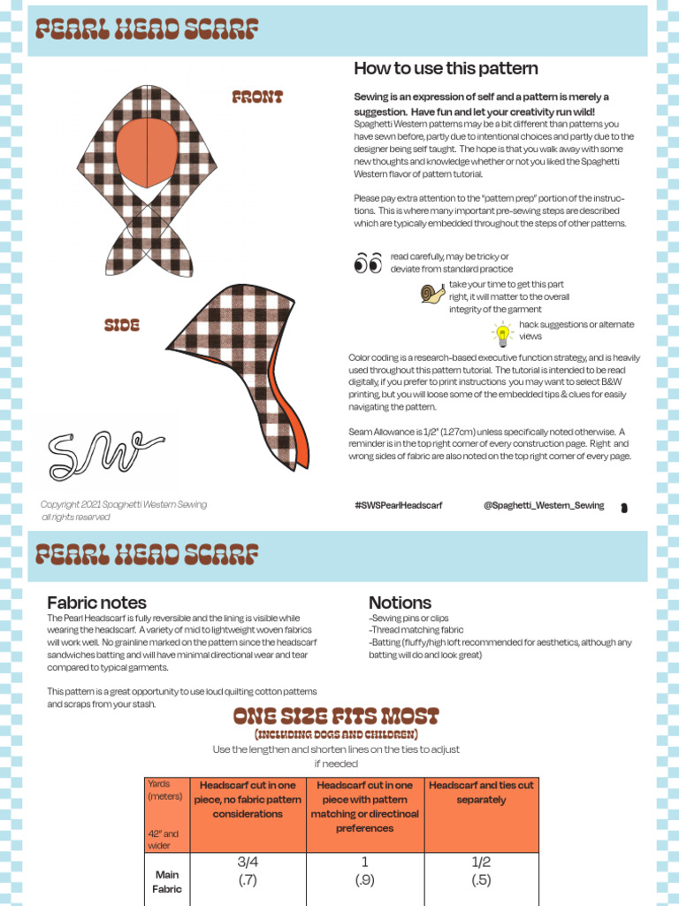 Spaghetti Western Pearl Head Scarf Pattern | PDF | Sewing | Seam (Sewing)