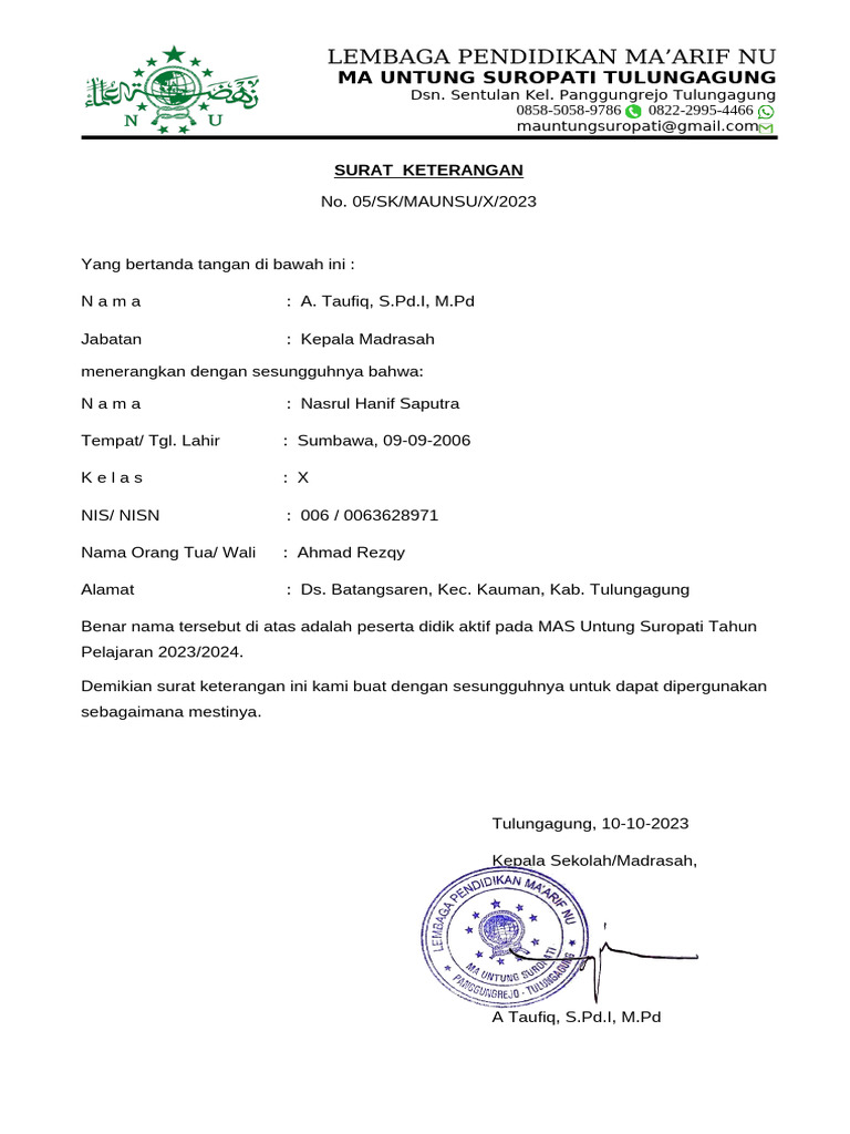 Surat Keterangan Siswa MA Untung Suropati | PDF
