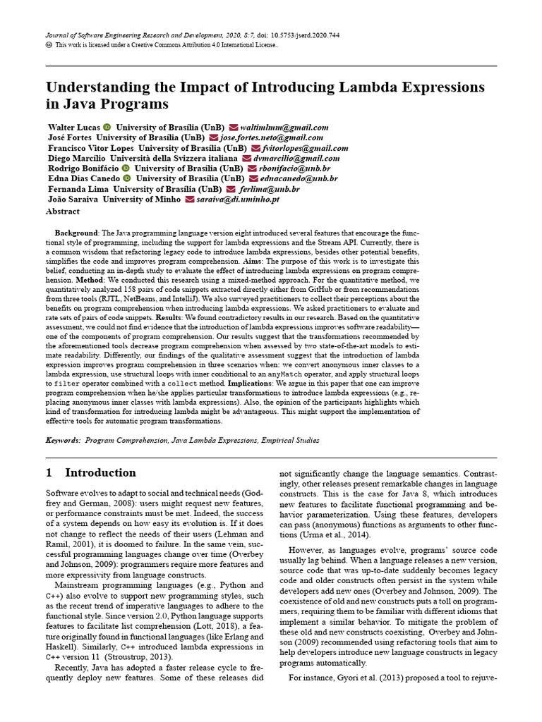 Understanding The Impact of Introducing Lambda Expressions in Java Programs Jserd2020 | PDF ...