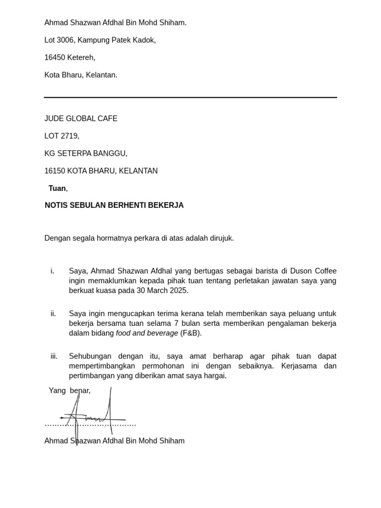 Notis Perletakan Jawatan Barista | PDF