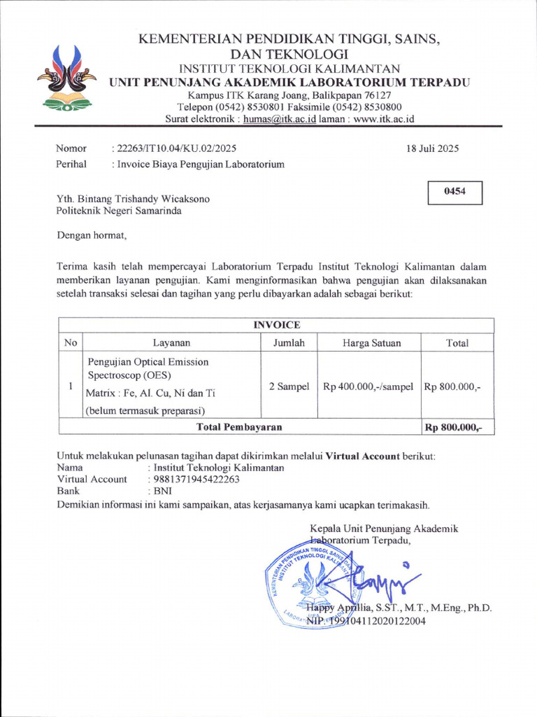 Invoice Biaya Pengujian ITK | PDF