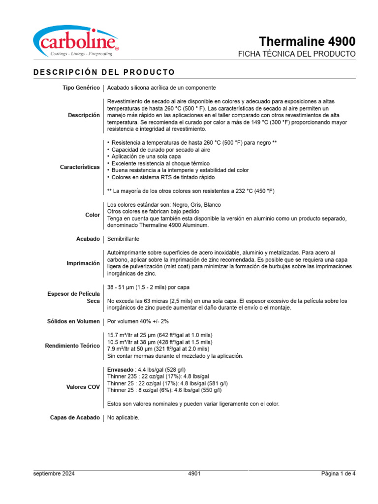 Thermaline 4900 PDS | PDF | Revestimiento | Solvente