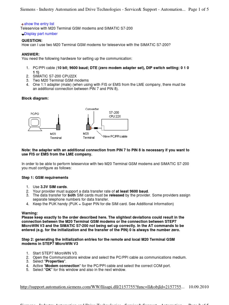 Teleservice With M20 Terminal GSM Modems and SIMATIC S7-200 | PDF | Modem | Computer Engineering