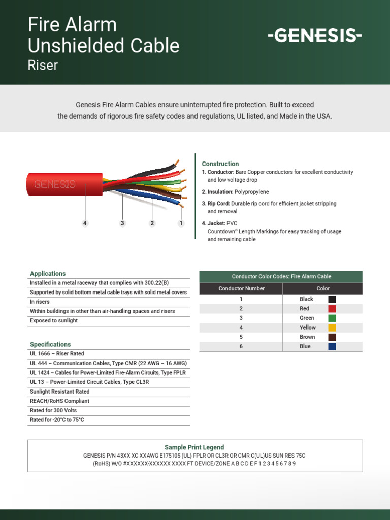 Genesis Spec Fire Alarm Unshielded Cable Riser Certificado Ul | PDF ...