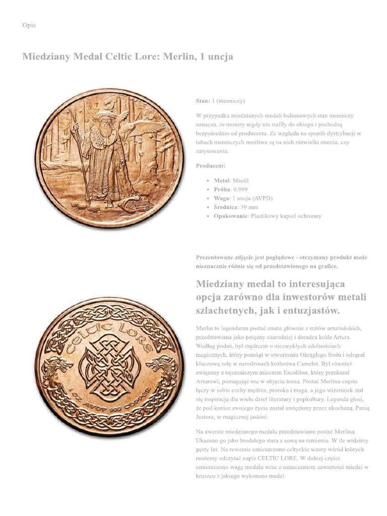 Miedziany Medal Celtic Lore Merlin | PDF