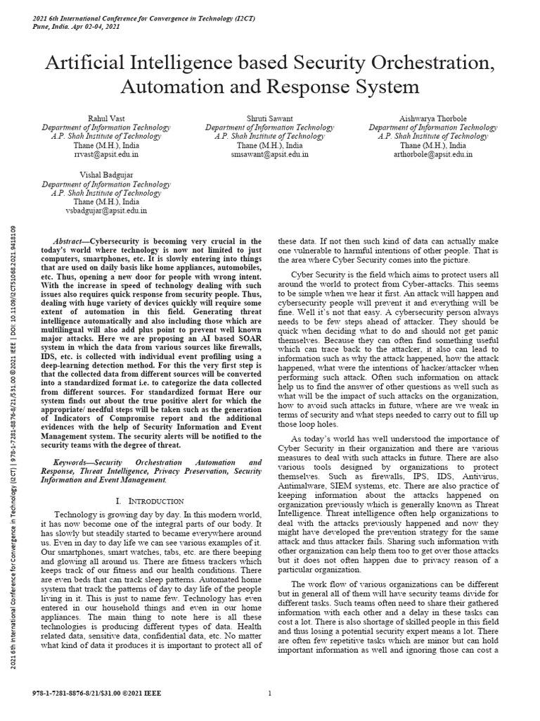 Artificial Intelligence Based Security Orchestration, Automation and Response System | PDF ...
