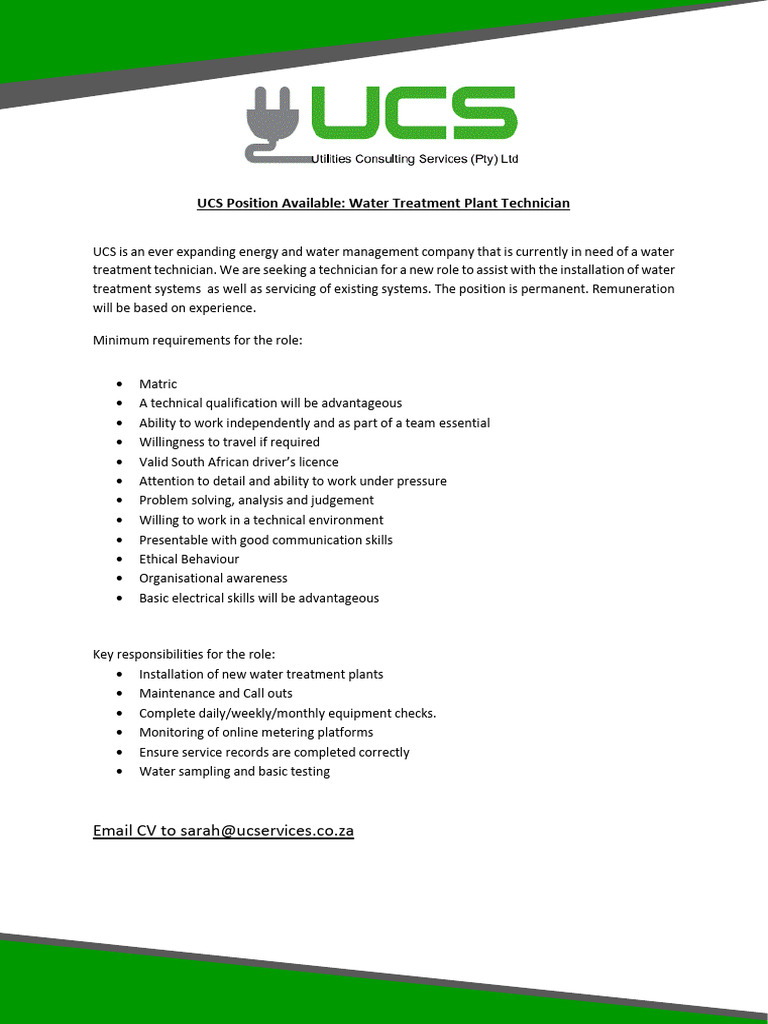 Water Treatment Plant Technician Job | PDF