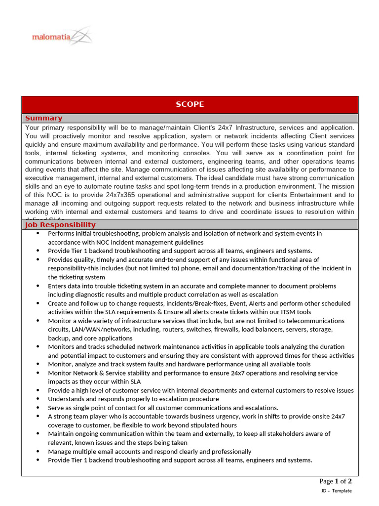 NOC Engineer Job Description Updated | PDF | Computer Network ...