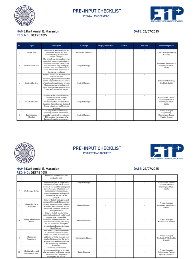 Aircraft Maintenance Project Checklist | PDF | Project Management | Safety