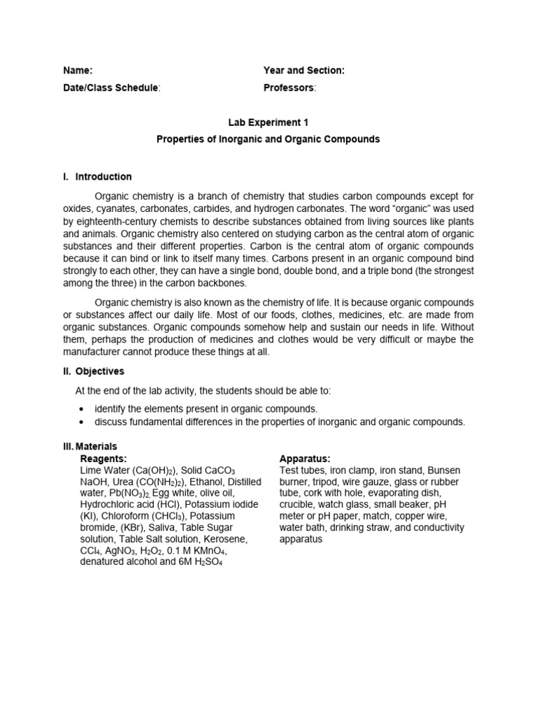 Lab Experiment 1 Properties of Inorganic and Organic Compounds | PDF | Organic Compounds | Chemistry