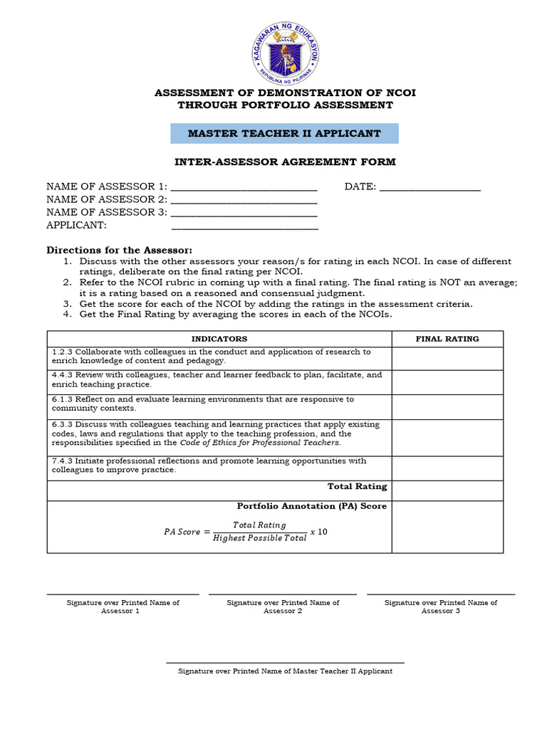NCOI Portfolio Assessment - Inter-Assessor Agreement Form For Master Teacher II Applicant | PDF ...