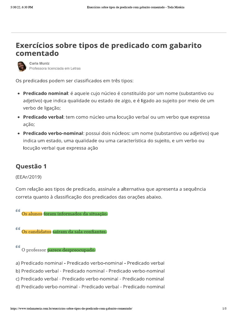 Exercícios Sobre Tipos de Predicado Com Gabarito Comentado - Toda ...