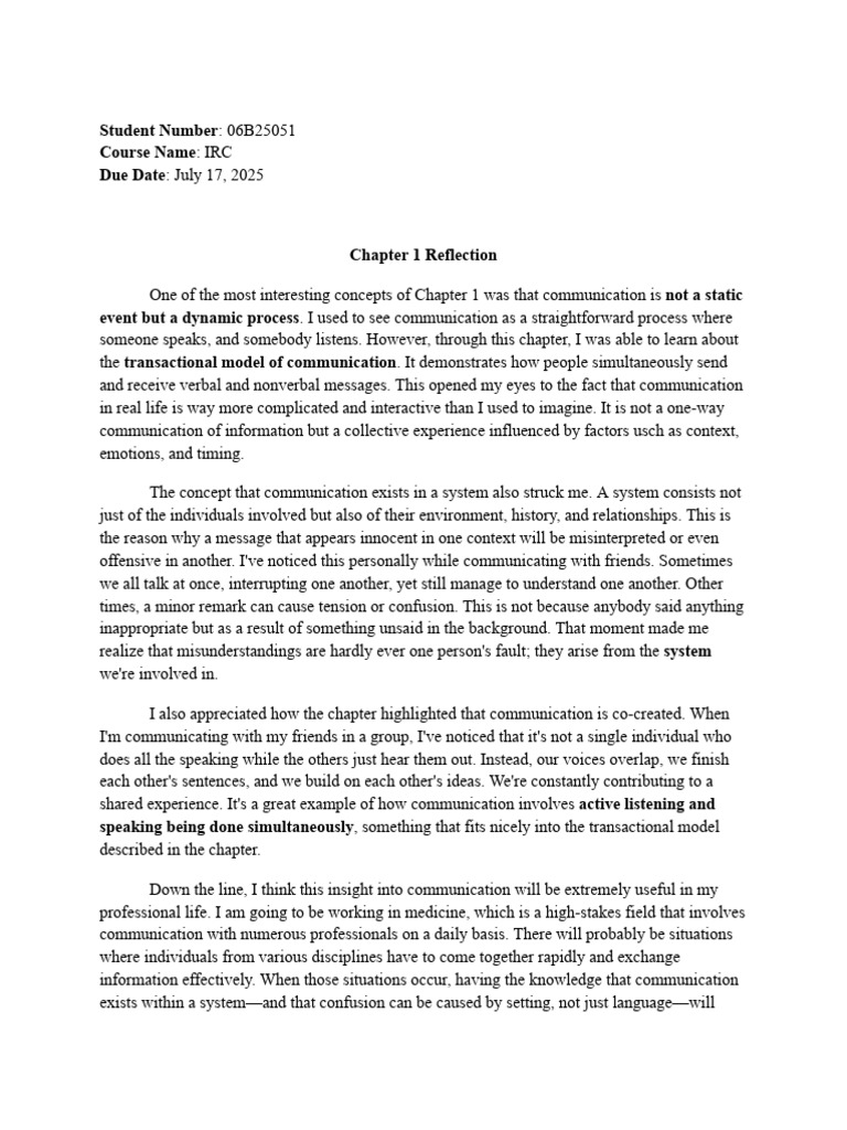 Ayaka Azumi IRC Chapter 1 Reflection | PDF | Communication | Nonverbal ...