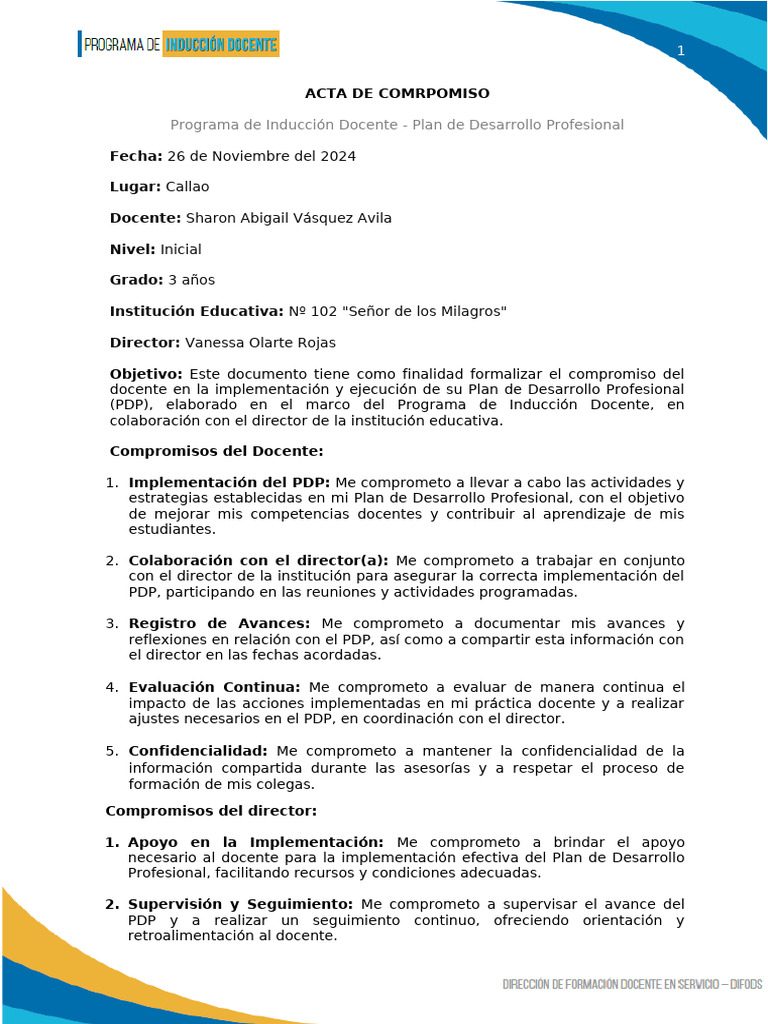 Sharon Abigail Vásquez Avila - ACTA de COMRPOMISO | PDF | Maestros | Aprendizaje