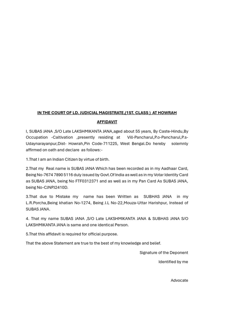 Affidavit of Name Correction for Subas Jana | PDF