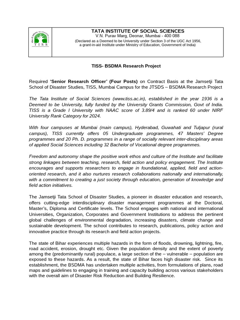 Advt - Senior Research Officer at TISS Rs 1,20,000 Per Month | PDF ...