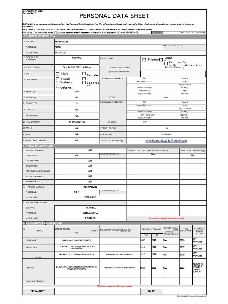 Print CS Form No. 212 Personal Data Sheet Revised 1 1 | PDF | Identity ...
