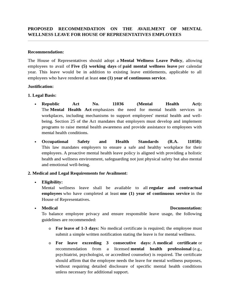 Proposed Recommendation On The Availment of Mental Wellness Leave For ...