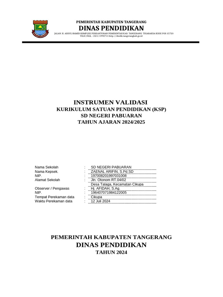 Instrumen Validasi KSP 2025 SD Pabuaran | PDF