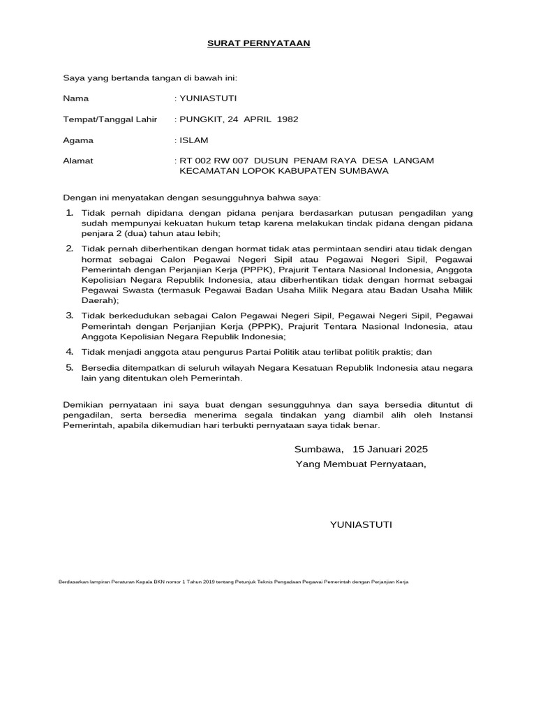 Format Surat Pernyataan PPPK Rian | PDF