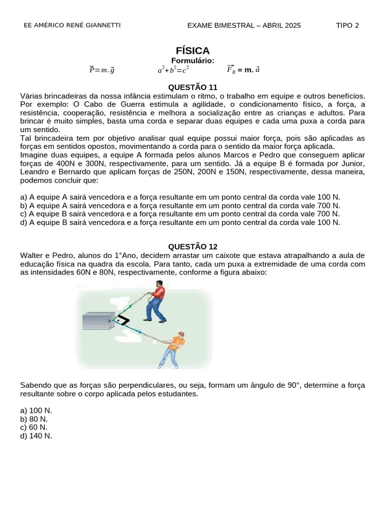 Exame de Física - EE Américo Giannetti | PDF | Atrito | Força