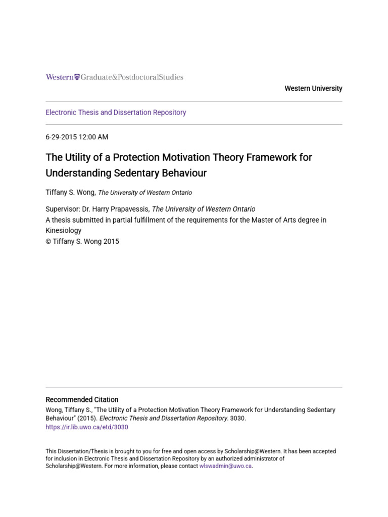 Protection Motivation Theory and Sedentary Behavior | PDF | Thesis ...