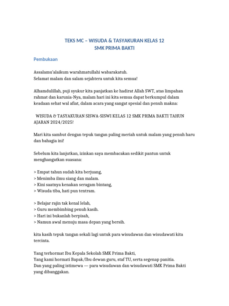 Teks MC Wisuda SMK PrimaBakti FULL Expressive | PDF