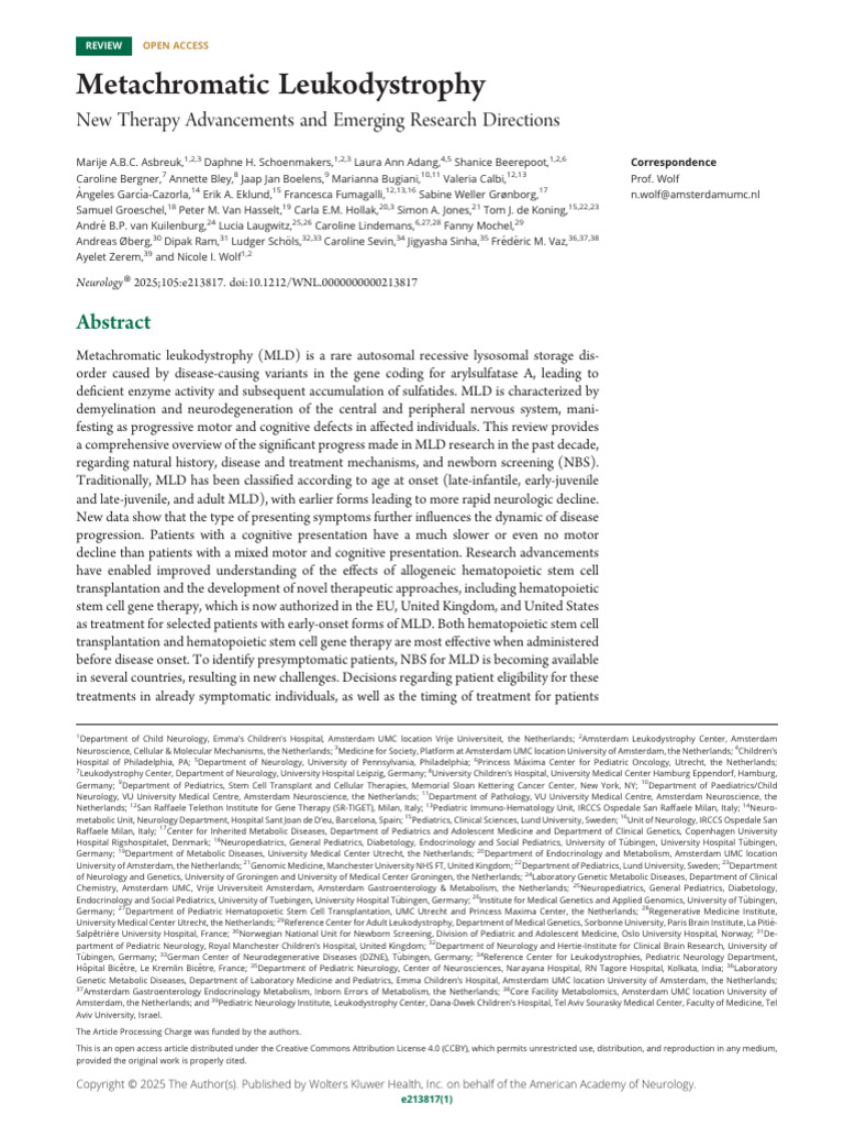 Asbreuk Et Al 2025 Metachromatic Leukodystrophy | PDF | Myelin ...