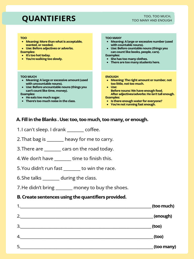 Too, Too Much, Too Many and Enough - Worksheet PDF | PDF