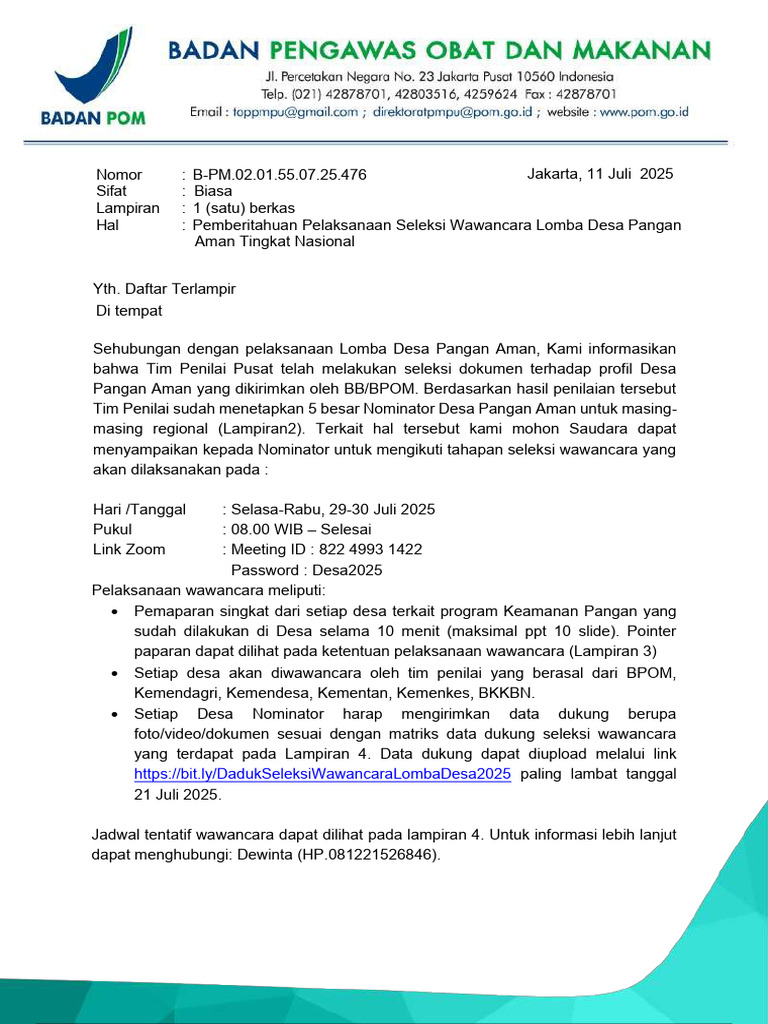 Surat Pemberitahuan Wawancara Lomba Desa Ke UPT Paraf Bu Ruki (1) | PDF