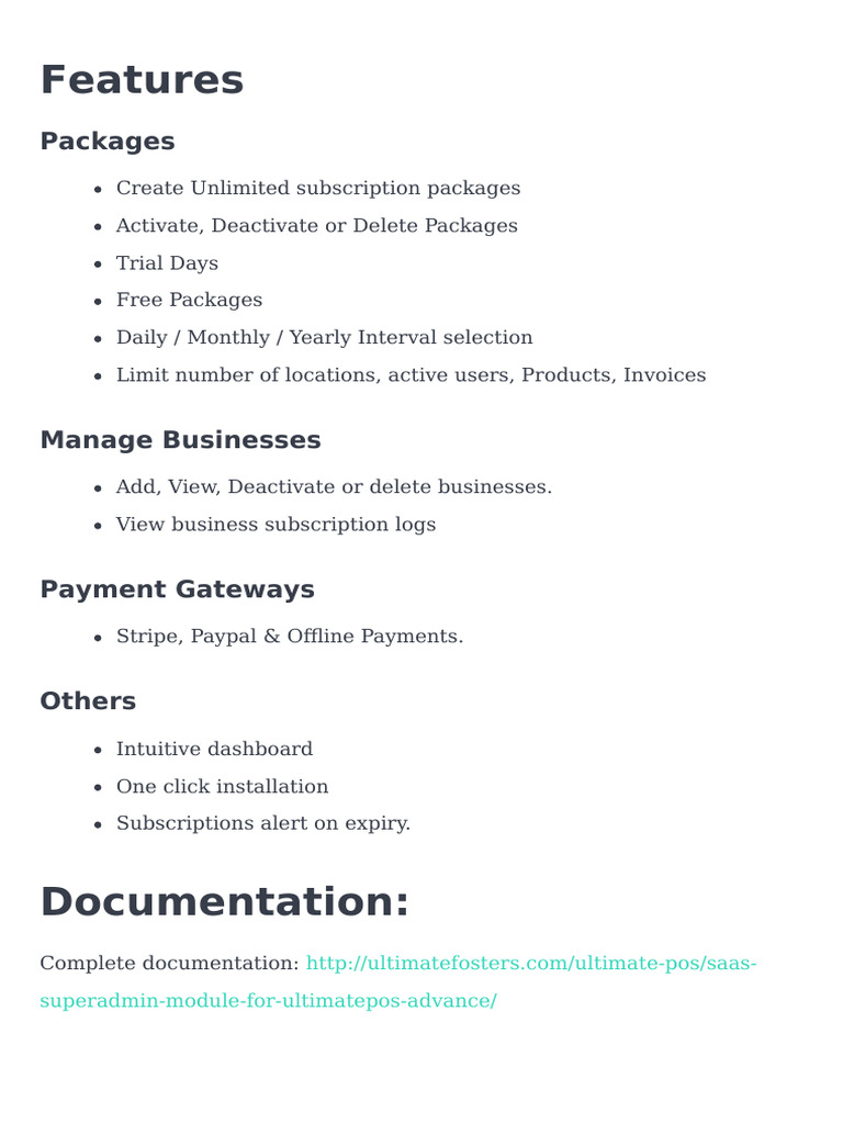 UltimatePOS SaaS Module Features | PDF