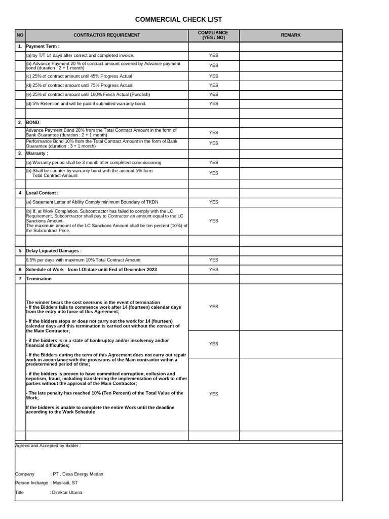 Commercial Check List - Subcon | PDF | Subcontractor | Bonds (Finance)