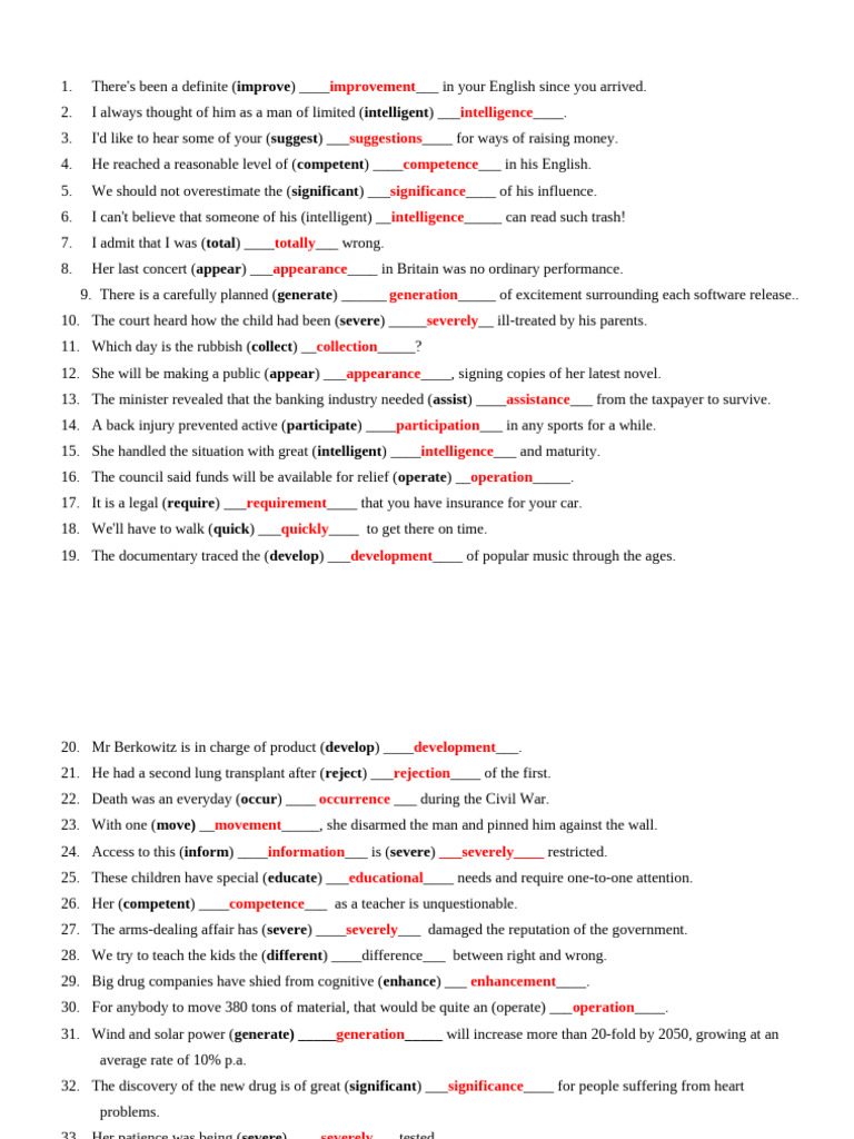 Word Formation Exercises with Answers | PDF