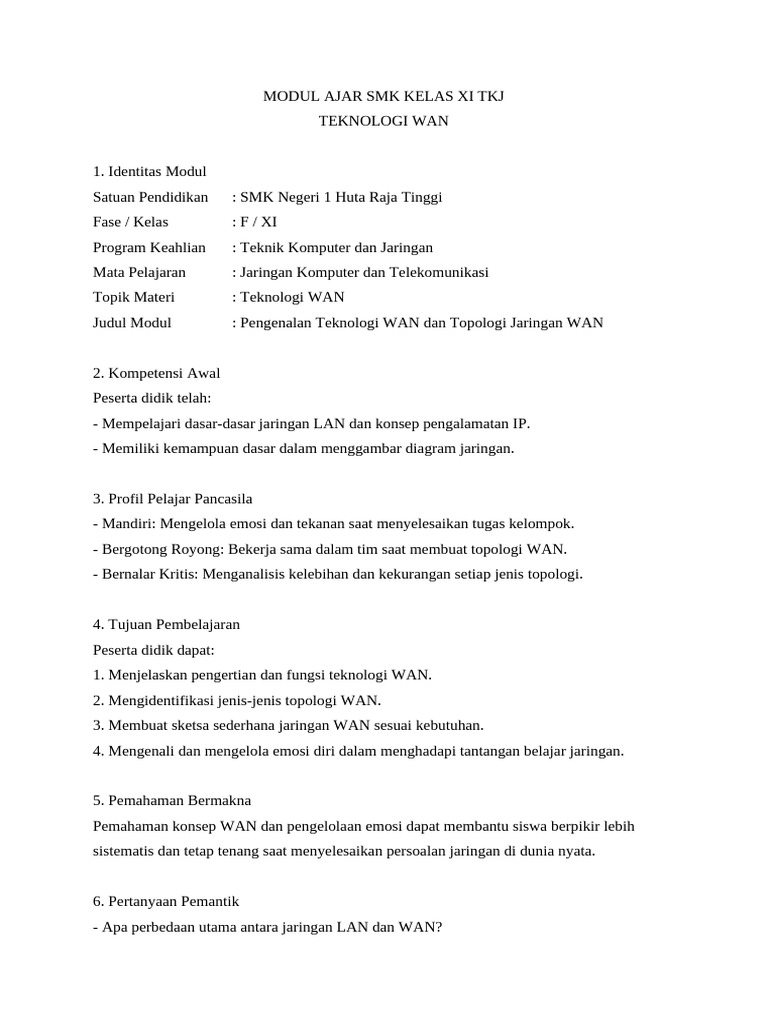 Modul Ajar Teknologi WAN SMK Kelas XI | PDF