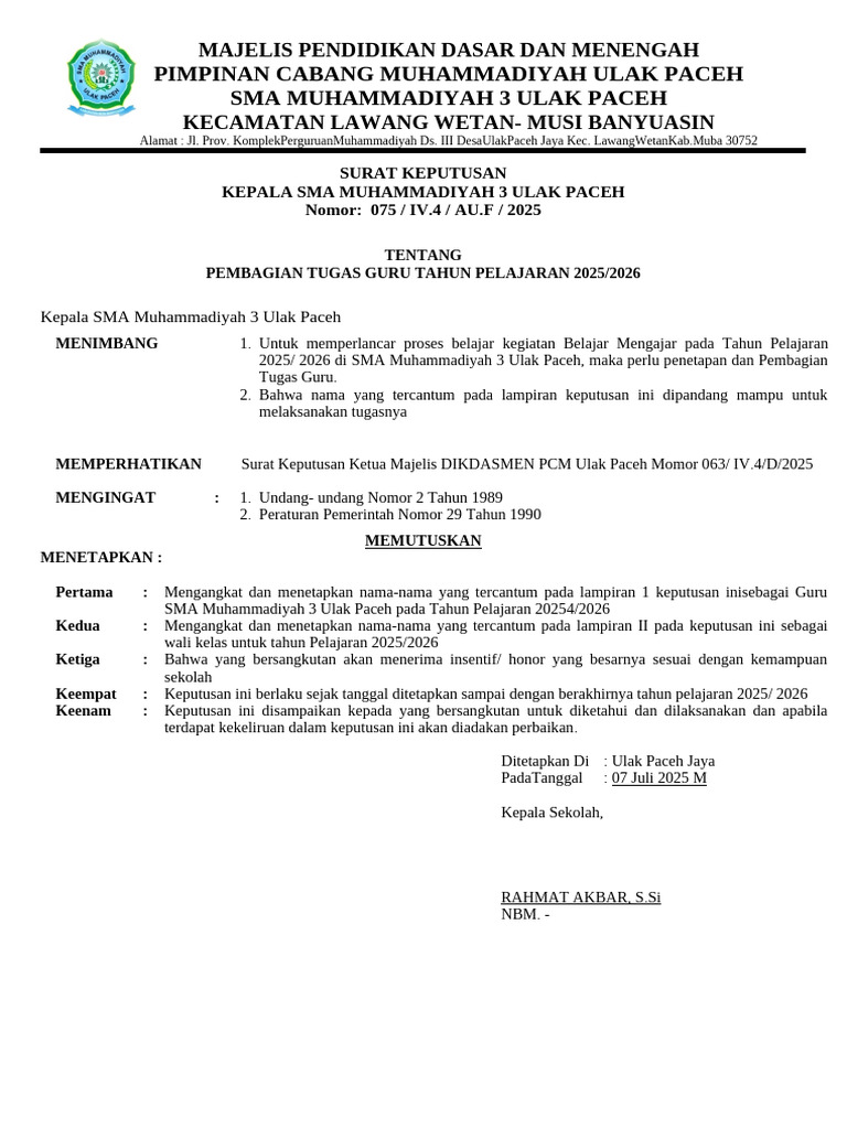 SK Pembagian Tugas Sma Muhd Ulak Paceh Ganjil 2025-2026 | PDF